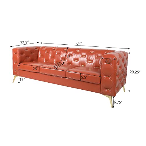 LEVNARY Modern Chesterfield Sofa Leather, Tufted Upholstered 3 Seater PU Couch, 84 Inches Settee Sofa with High Arm and Golden Metal Legs, Couches for Living Room Bedroom Office (Orange)