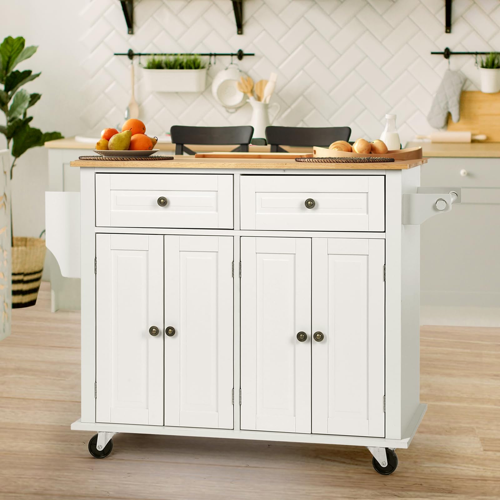 TUSY 43" Kitchen Island with Storage, Rolling Kitchen Cart with Lockable Wheels, Solid Wood Tabletop Kitchen Island Table for Kitchen, Living Room, White