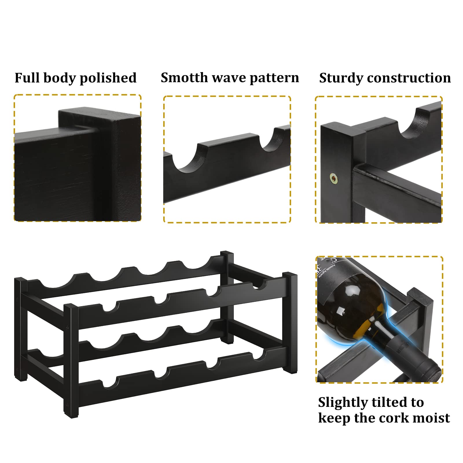 BAMEOS Wine Rack Freestanding 8 Bottle 2 Tier Bamboo Wine Racks Countertop Cabinet Wine Holder Wine Storage Shelf for Kitchen, Bar, Pantry, Wine Cellar, Countertop Black (16.85 L x 9.25W x 7H)