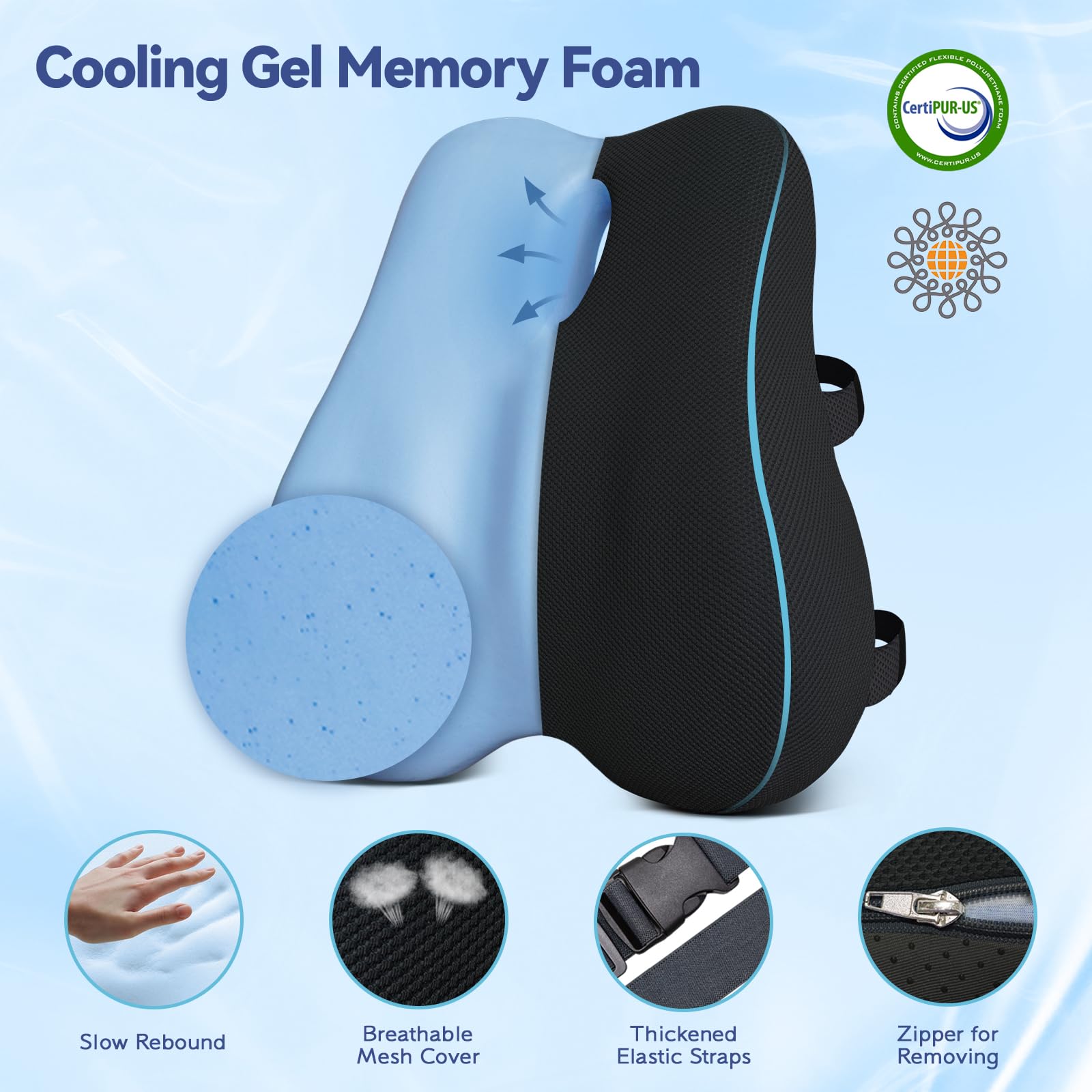 Lumbar Support Pillow for Office Chair, Cooling Memory Foam Pillow for Back Pain Relief, Ergonomic Back Support Pillow with Dual Extension Straps for Car, Couch, Recliner, Gaming Chair, Black