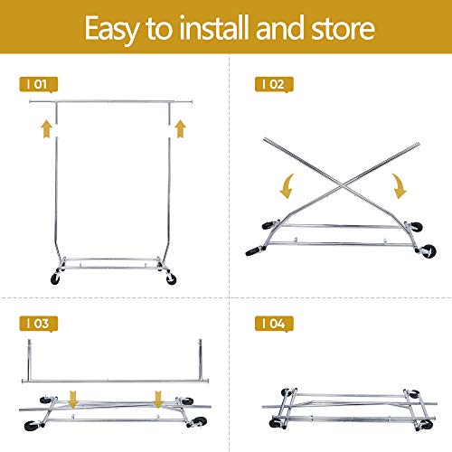 SUPER DEAL Metal Garment Rack with Wheels Single Rod Height Adjustable & Expandable Mobile Clothes Drying Rack Hanging Organizer, All-Steel Frame 250lbs Capacity
