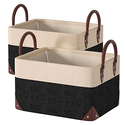 2 Pack Storage Baskets for Organizing- Foldable Storage Bins for Shelves Decorative Storage Bins Basket Linen Fabric Storage Basket with Steel Frame and PU Leather Handles