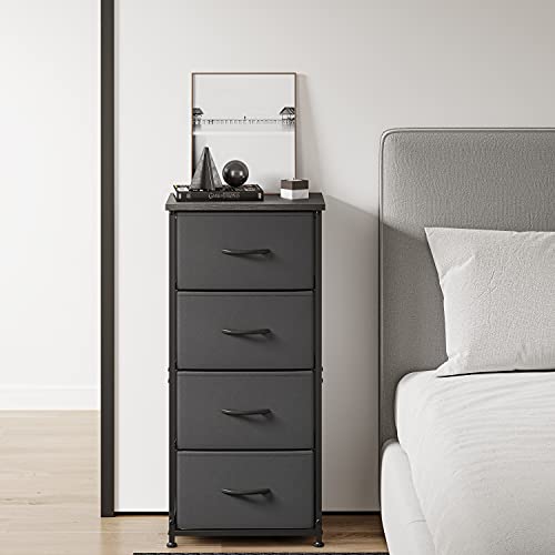 FEZIBO 4 Drawer Fabric Dresser Storage Tower, Organizer Unit for Bedroom, Closet, Entryway, Hallway -Steel Frame, Wood Top, Easy Pull Handle, Black Grey