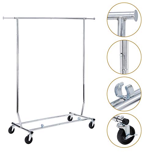 SUPER DEAL Metal Garment Rack with Wheels Single Rod Height Adjustable & Expandable Mobile Clothes Drying Rack Hanging Organizer, All-Steel Frame 250lbs Capacity