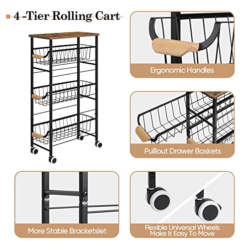 Shinoske Slim Rolling Storage Cart,4-Tier Rolling Kitchen Cart,Narrow Utility Cart with Pull-Out Basket and Wooden Top,for Ktichen,Bathroom,Laundry Room,Small Space,Rustic Brown