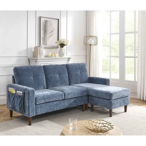 ATY Convertible Sectional Sofa with Removable Ottoman and Cushions, 3 Seats L-Shape Chenille Couch w/Pocket & Rubber Wood Legs, Perfect for Livingroom, Aapartment, Small Space, 80", Navy