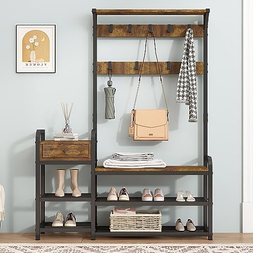 JUNZYOUY 5 in 1 Entryway Coat Rack Shoe Bench,Hall Tree with Bench, Entryway Bench with Coat Rack, with Shoe Rack, Storage Drawer, 9 Hooks, Coat Rack with Bench, Rustic Brown.