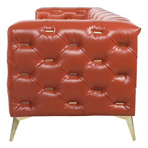LEVNARY Modern Chesterfield Sofa Leather, Tufted Upholstered 3 Seater PU Couch, 84 Inches Settee Sofa with High Arm and Golden Metal Legs, Couches for Living Room Bedroom Office (Orange)