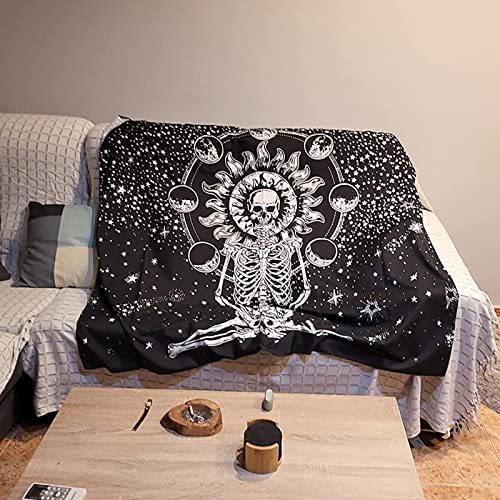 Skull Tapestry Human Skeleton Tapestry Meditation Skeleton Tapestry Black and White Stars Tapestry for Bedroom Living Room-H51.2×W59.1 inches