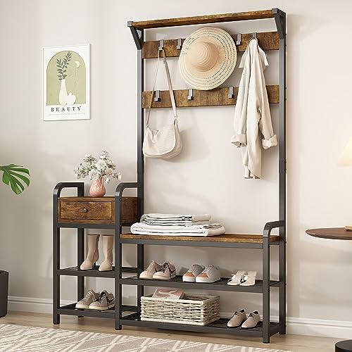 JUNZYOUY 5 in 1 Entryway Coat Rack Shoe Bench,Hall Tree with Bench, Entryway Bench with Coat Rack, with Shoe Rack, Storage Drawer, 9 Hooks, Coat Rack with Bench, Rustic Brown.