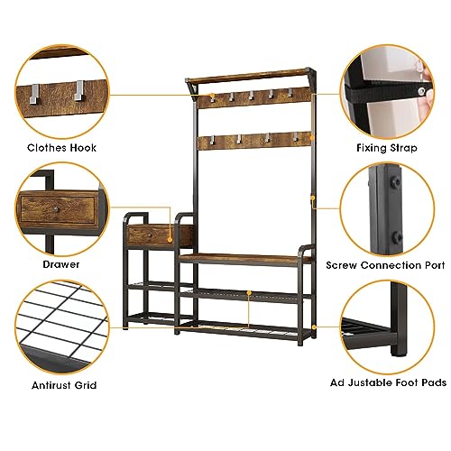 JUNZYOUY 5 in 1 Entryway Coat Rack Shoe Bench,Hall Tree with Bench, Entryway Bench with Coat Rack, with Shoe Rack, Storage Drawer, 9 Hooks, Coat Rack with Bench, Rustic Brown.