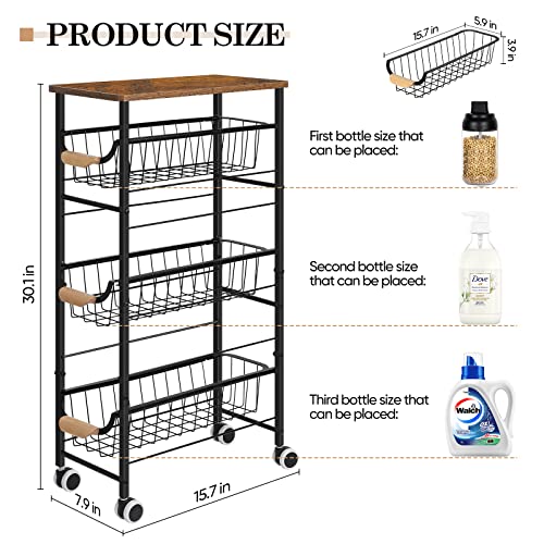 Shinoske Slim Rolling Storage Cart,4-Tier Rolling Kitchen Cart,Narrow Utility Cart with Pull-Out Basket and Wooden Top,for Ktichen,Bathroom,Laundry Room,Small Space,Rustic Brown