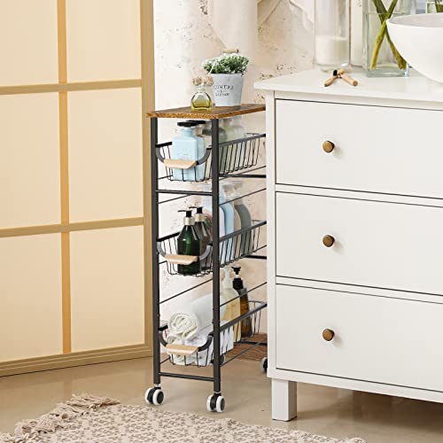 Shinoske Slim Rolling Storage Cart,4-Tier Rolling Kitchen Cart,Narrow Utility Cart with Pull-Out Basket and Wooden Top,for Ktichen,Bathroom,Laundry Room,Small Space,Rustic Brown