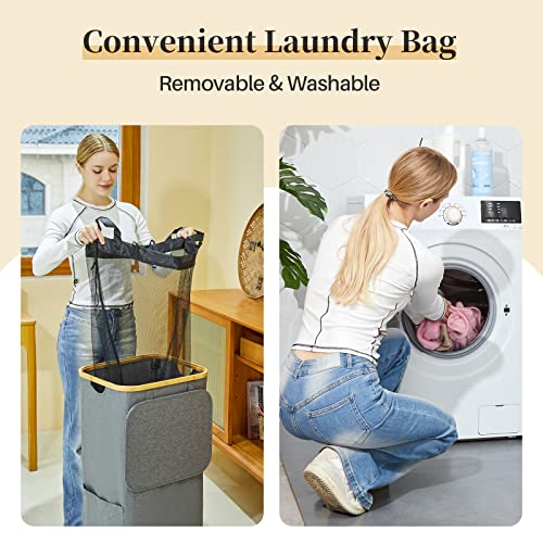 Grey Laundry Hamper with Lid, 100L Large Laundry Basket, Clothes Hamper with Clear Window Visible, Removeable Laundry Bags for Bathroom Bedroom Home, Toy Organizer, Laundry Room