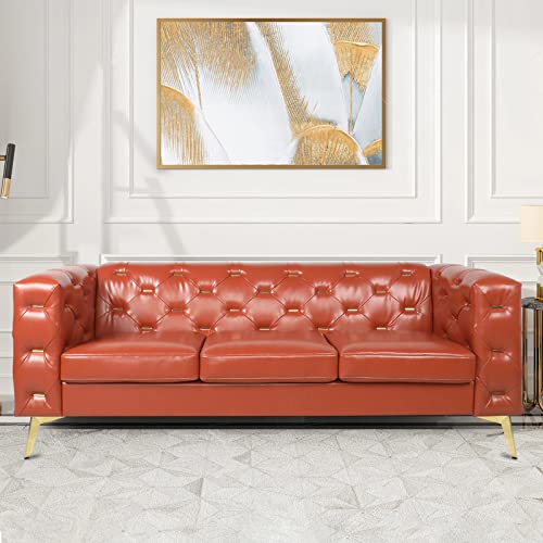LEVNARY Modern Chesterfield Sofa Leather, Tufted Upholstered 3 Seater PU Couch, 84 Inches Settee Sofa with High Arm and Golden Metal Legs, Couches for Living Room Bedroom Office (Orange)