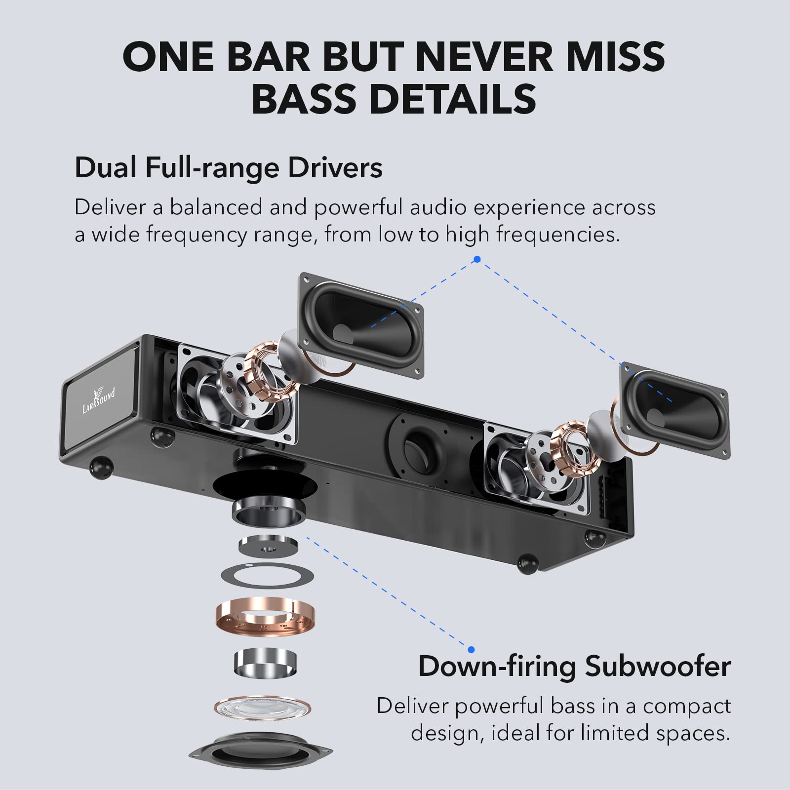 LARKSOUND 2.1 CH Sound Bar with Built-in Subwoofer, Small Soundbar for TV, PC, Gaming, Mini TV Speaker with Bluetooth/HDMI ARC/Optical/AUX/USB Connections