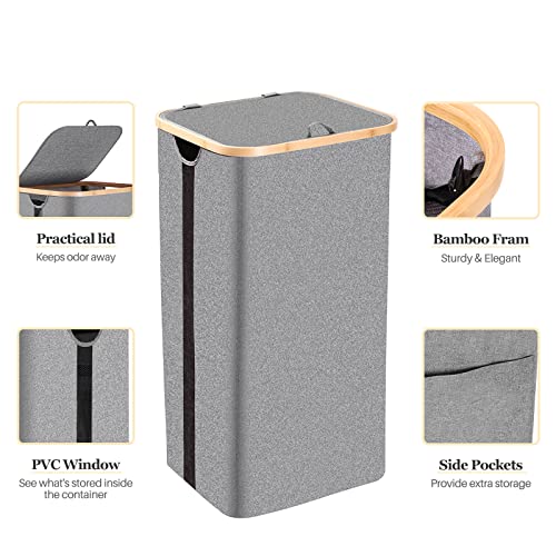 Grey Laundry Hamper with Lid, 100L Large Laundry Basket, Clothes Hamper with Clear Window Visible, Removeable Laundry Bags for Bathroom Bedroom Home, Toy Organizer, Laundry Room