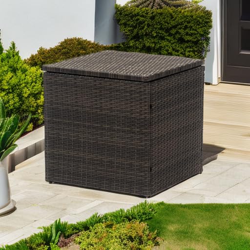 D&F Design Jackson Indoor & Outdoor PE Wicker Cube Side Table with Storage, Patio Resin Rattan End Table Square Container for Furniture Covers, Toys and Gardening Tools Grey