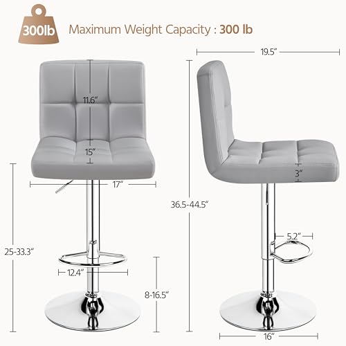Yaheetech Bar Stools Set of 4, PU Leather Adjustable Barstools, Modern Counter Stools with Back and Footrest, Counter Height Barstools for Bar, Kitchen, Dining Room, Light Gray