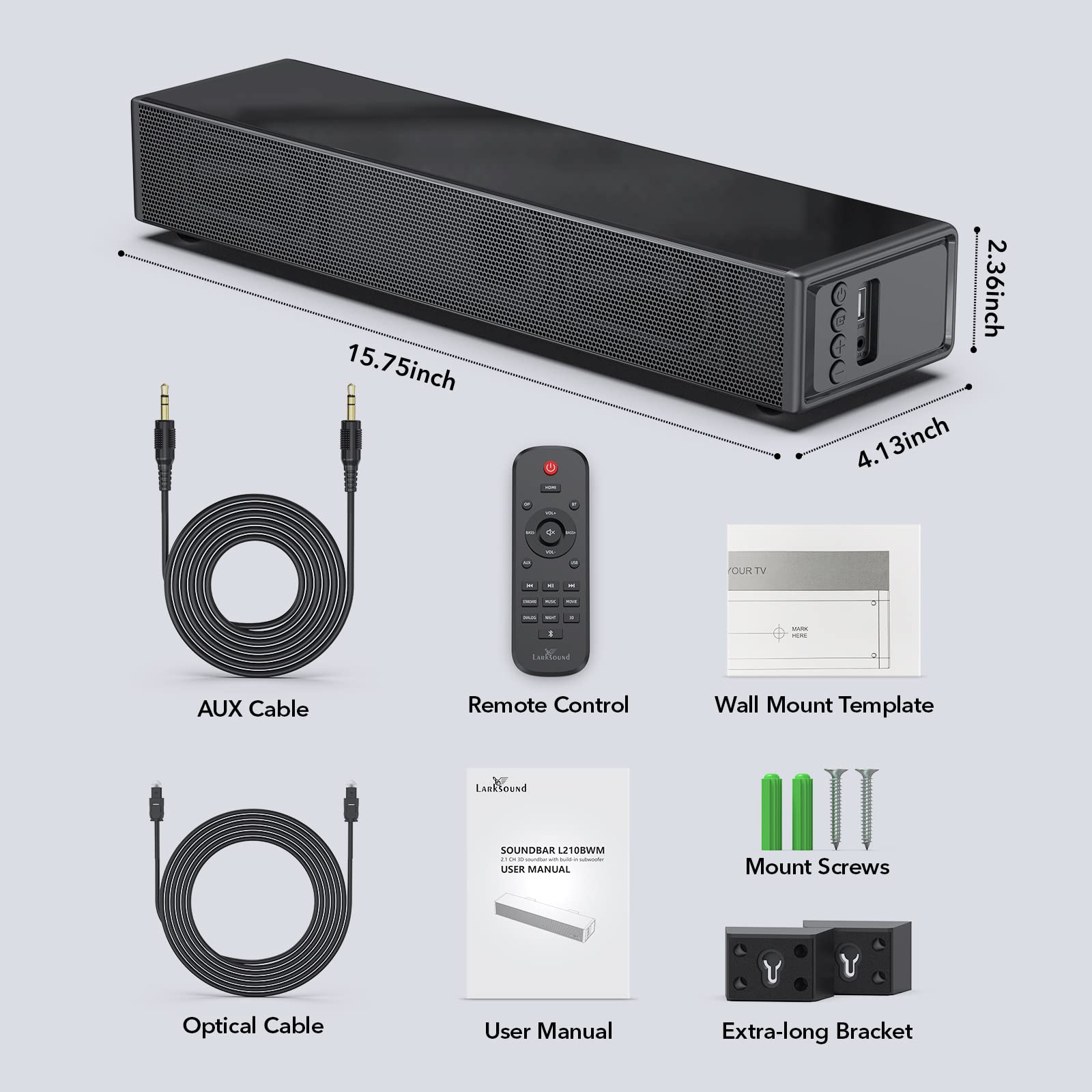 LARKSOUND 2.1 CH Sound Bar with Built-in Subwoofer, Small Soundbar for TV, PC, Gaming, Mini TV Speaker with Bluetooth/HDMI ARC/Optical/AUX/USB Connections