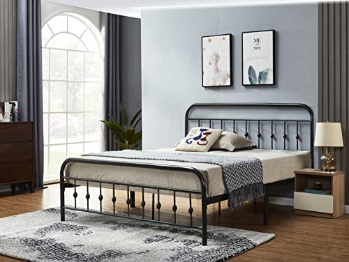 Wreifeed Metal Bed Frame Queen Size, Platform with Vintage Headboard and Footboard, No Box Spring Needed, Premium Stable Steel Slat Support Mattress Foundation, Easy Assembly, Grey Black
