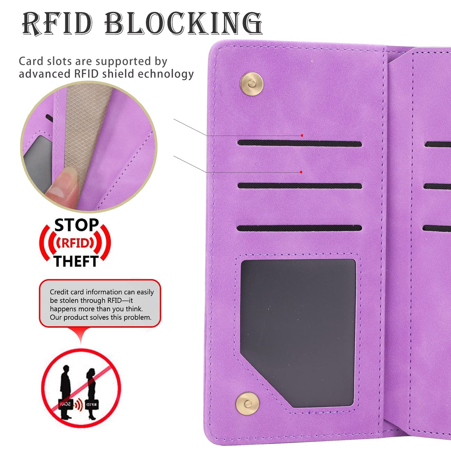 RANYOK Wallet Case for iPhone 14 Pro Max (6.7 inch) with Card Holder, Premium PU Leather with RFID Blocking Zipper Flip Folio Wallet Wrist Strap Magnetic Clasp Kickstand Protective Case-Purple