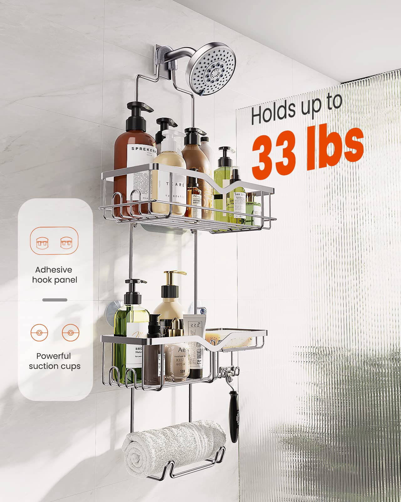 Amada Hanging Shower Caddy, Shower Caddy Over Shower Head, Rustproof Stainless Steel Shower Organizer with Soap Holder & Hooks, Shower Rack for Shampoo, Sponges, Towels, No Drilling Required, Silver