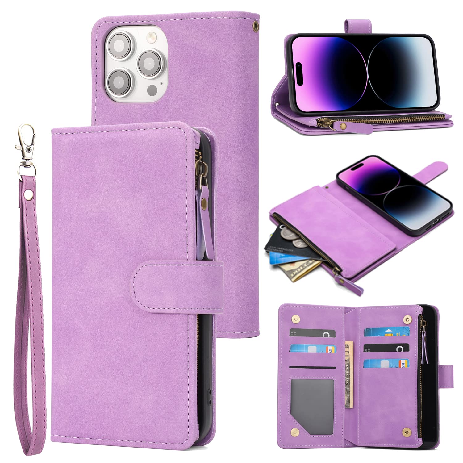 RANYOK Wallet Case for iPhone 14 Pro Max (6.7 inch) with Card Holder, Premium PU Leather with RFID Blocking Zipper Flip Folio Wallet Wrist Strap Magnetic Clasp Kickstand Protective Case-Purple