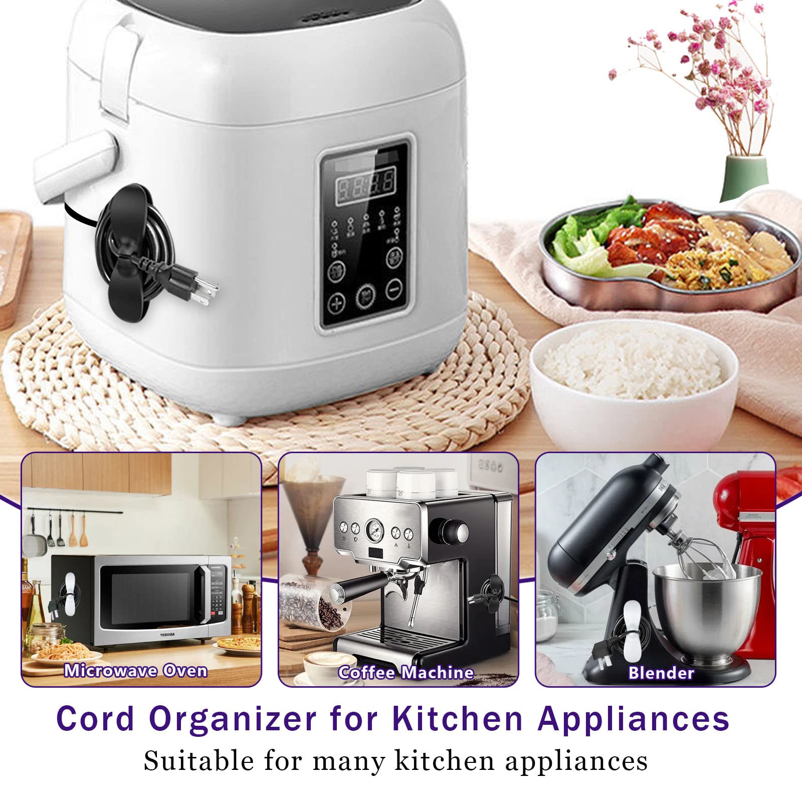 Cord Organizer for Kitchen Appliances, 10 Pack Upgrade Cord Winder Wrappers Stick On, Small Wire Keeper, Appliance Power Cable Holder for Mixer, Pressure Cooker, Coffee Maker and Air Fryer