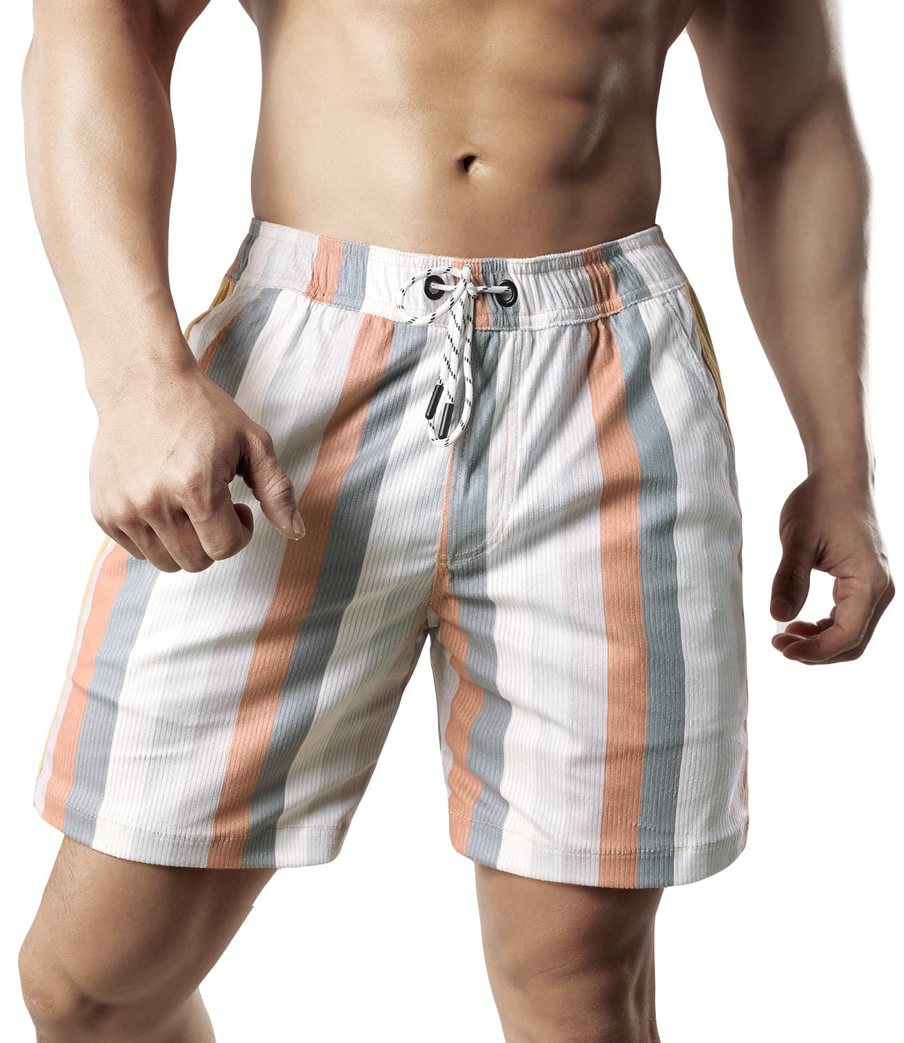 JOTOOK Men's Casual Drawstring Corduroy Shorts Elastic Waist Summer Shorts with Pocket Printed Shorts Medium Grey White Stripe