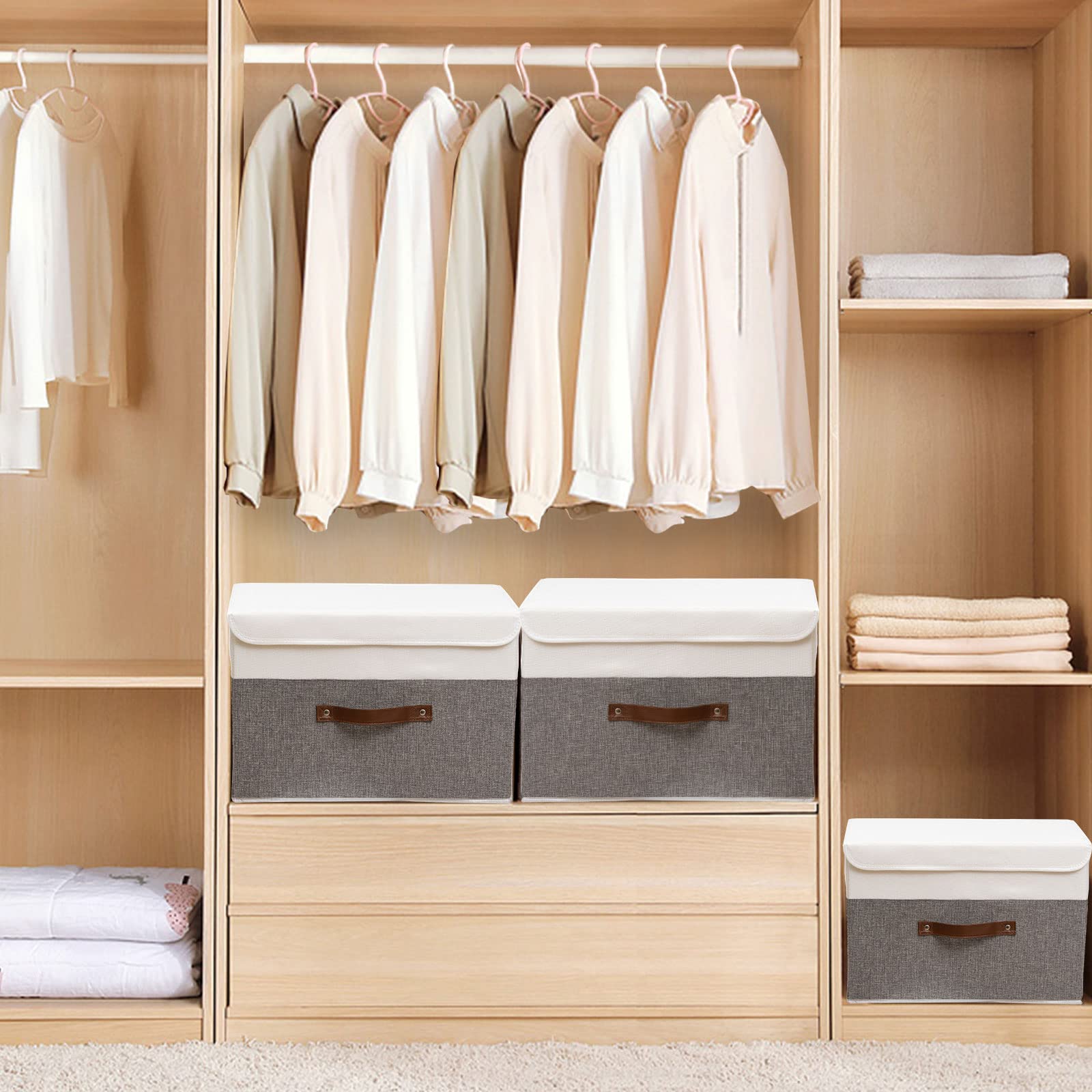 OUTBROS Large Fabric Storage Box with Lid, Collapsible Wardrobe Organiser, Cubes For Towels, Clothes, 13 x 9.1 x 7.9 inch (White/Grey, 4-Pack)
