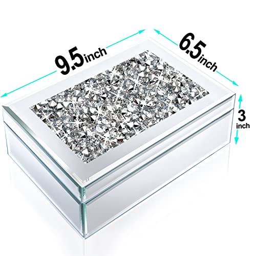 Meetart Large size Diamond Glass Mirrored Jewelry Box Simple Classic Storage Organizer High-end Luxury Mirror Box Silver (9.5x6.5x3inch)