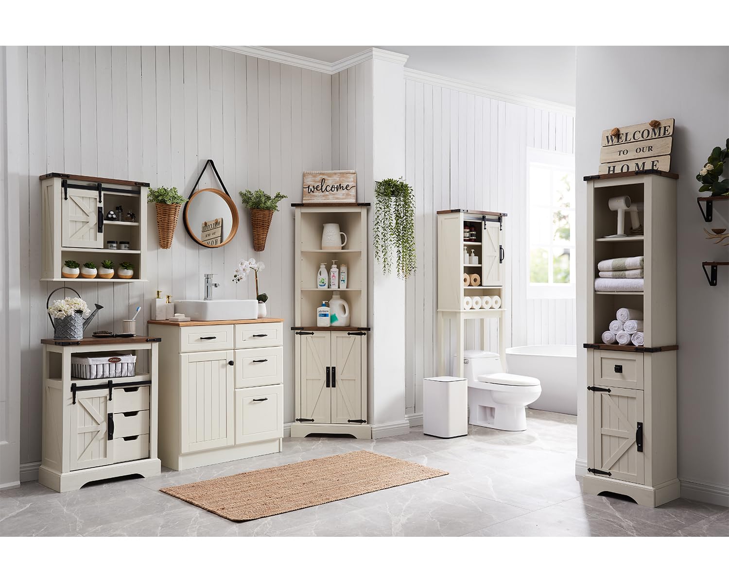 OKD Bathroom Wall Cabinet, Farmhouse Medicine Cabinet with Sliding Barn Door & Adjustable Shelves, Storage Cabinet Wall Mounted for Bathroom, Kitchen, Rustic Oak with Antique White
