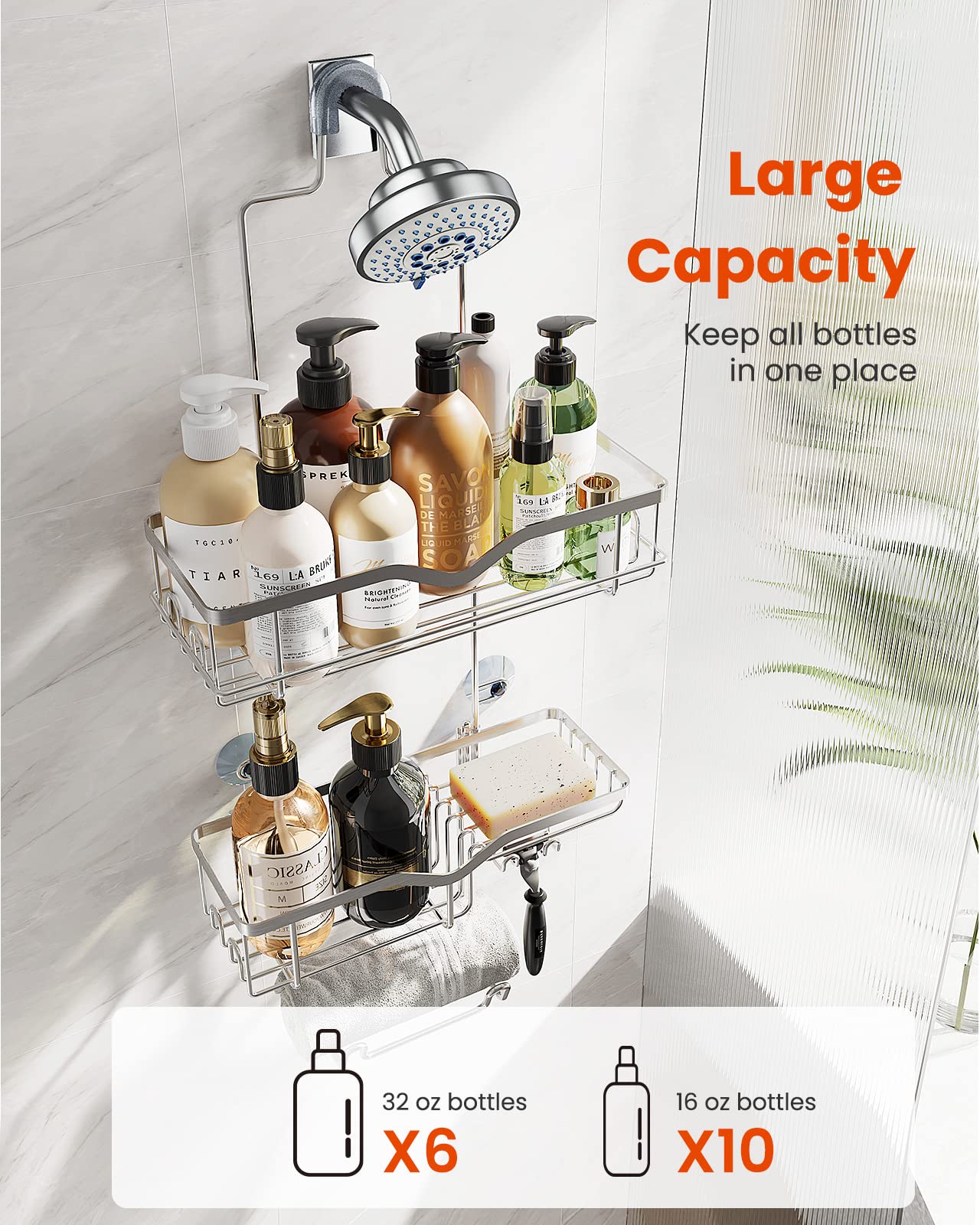 Amada Hanging Shower Caddy, Shower Caddy Over Shower Head, Rustproof Stainless Steel Shower Organizer with Soap Holder & Hooks, Shower Rack for Shampoo, Sponges, Towels, No Drilling Required, Silver