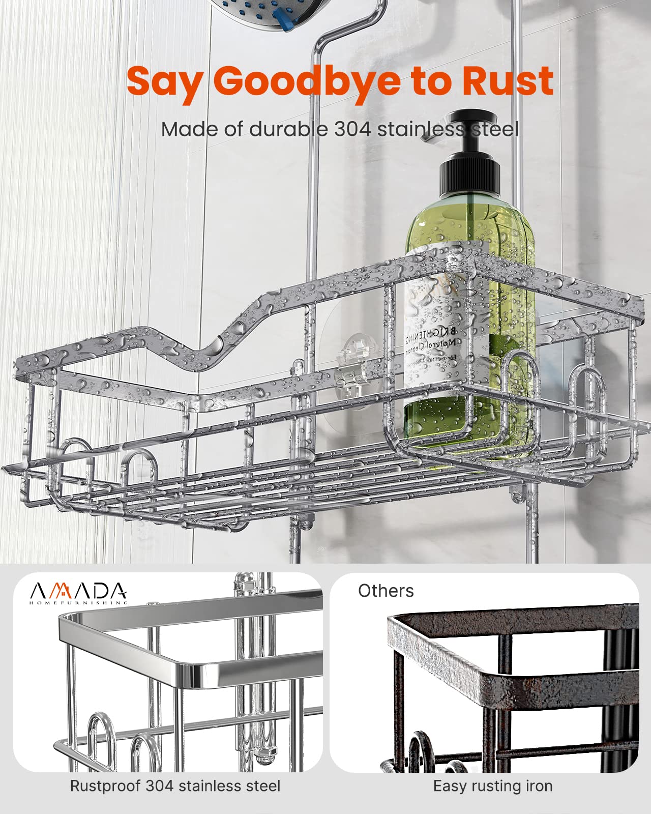 Amada Hanging Shower Caddy, Shower Caddy Over Shower Head, Rustproof Stainless Steel Shower Organizer with Soap Holder & Hooks, Shower Rack for Shampoo, Sponges, Towels, No Drilling Required, Silver