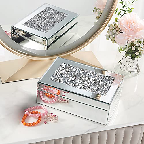 Meetart Large size Diamond Glass Mirrored Jewelry Box Simple Classic Storage Organizer High-end Luxury Mirror Box Silver (9.5x6.5x3inch)