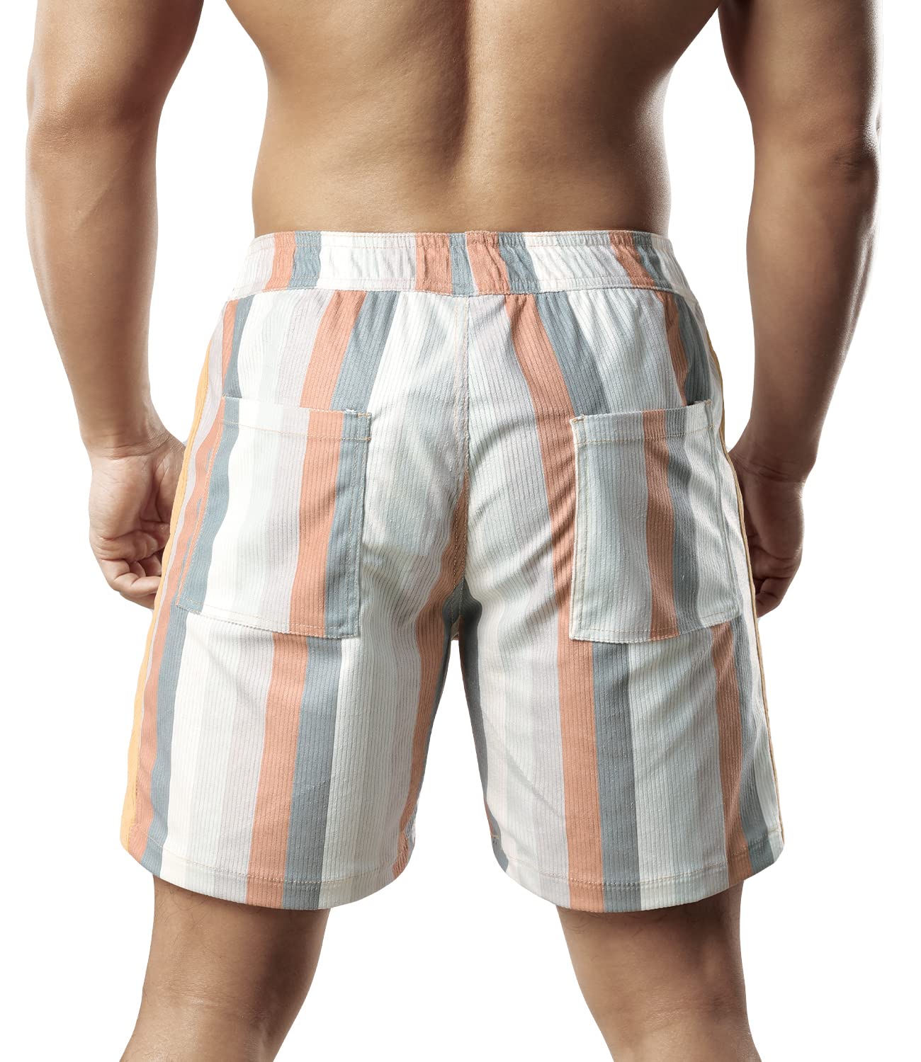JOTOOK Men's Casual Drawstring Corduroy Shorts Elastic Waist Summer Shorts with Pocket Printed Shorts Medium Grey White Stripe