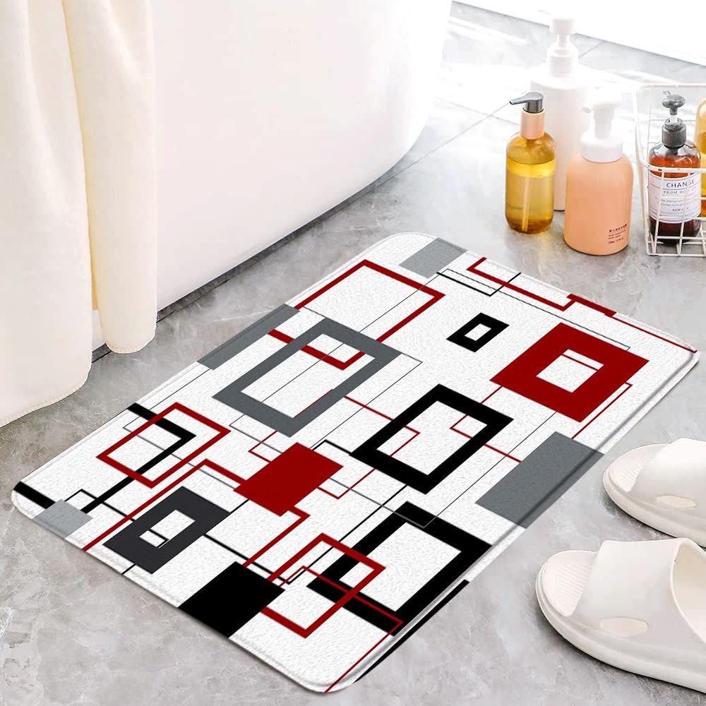 YOZSLGU Abstract Geometric Bath Mat Red Gray Black White Mid Century Minimalist Fashion Modern Memory Foam Bathroom Kitchen Rug, 15.7 x 23.6 Inch