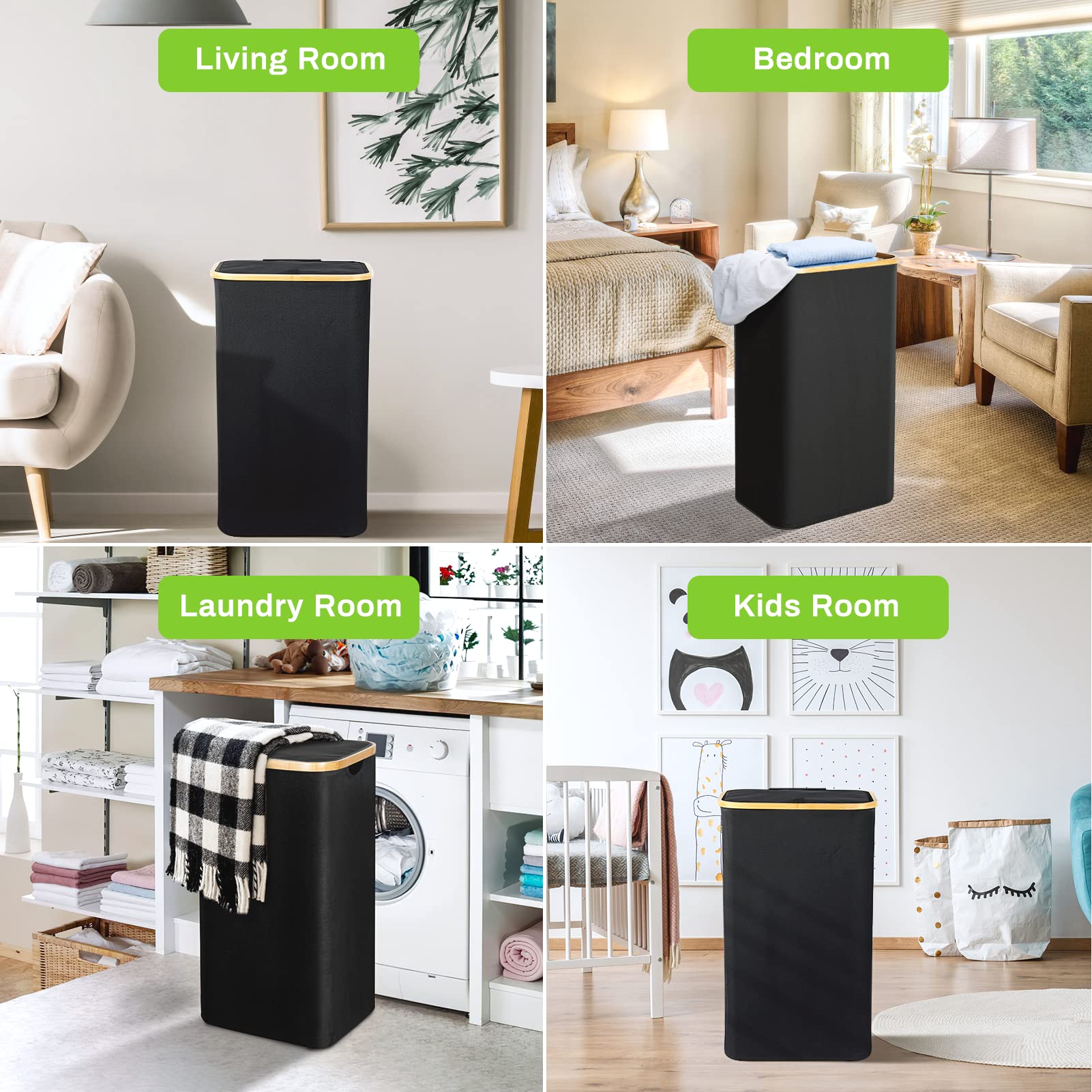 Jhua Laundry Basket with Lid and 2 Removable Liners (Black 110L)