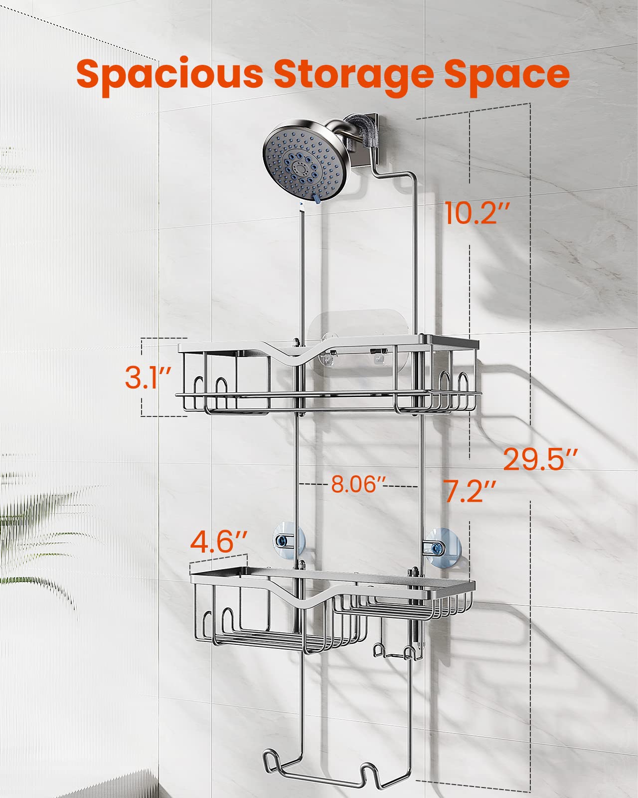 Amada Hanging Shower Caddy, Shower Caddy Over Shower Head, Rustproof Stainless Steel Shower Organizer with Soap Holder & Hooks, Shower Rack for Shampoo, Sponges, Towels, No Drilling Required, Silver