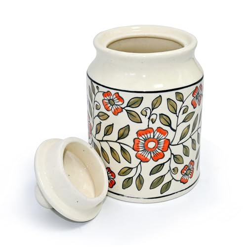 Amoorcart Ceramic Jars and Containers with Lid for Kitchen - Hand painted - Pack of 1-17cm height - (NON AIRTIGHT) - Red Green Floral