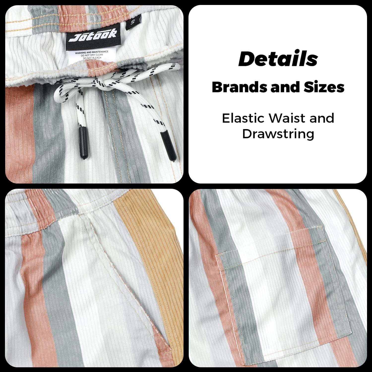 JOTOOK Men's Casual Drawstring Corduroy Shorts Elastic Waist Summer Shorts with Pocket Printed Shorts Medium Grey White Stripe