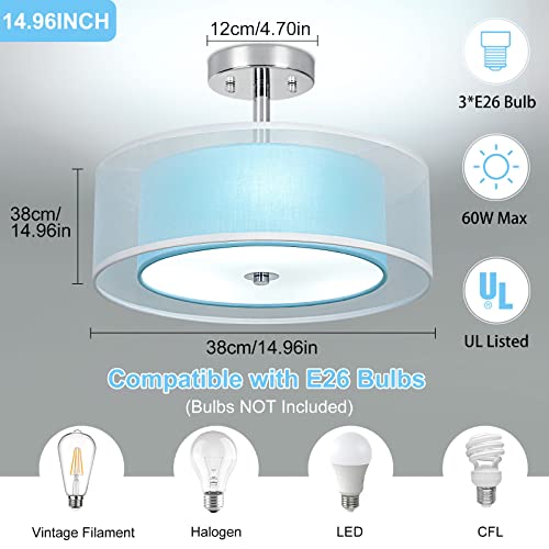 DLLT 3-Light Semi Flush Mount Ceiling Light Fixture, 15'' Blue Drum Light Ceiling Hanging with Double Fabric Shade, Modern Close to Ceiling Lamp for Living Room Bedroom Kitchen Dining Room Entry Foyer