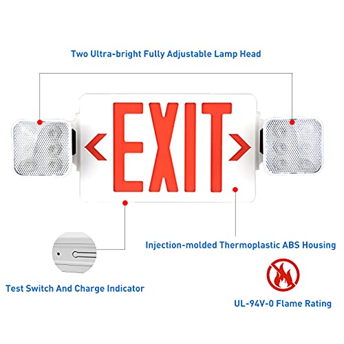 LED Exit Sign with Emergency Light, 2 Adjustable Head Flood Lights, OSTEK Double Sided Red Emergency Exit Sign and Lights Combo, 90min Backup Battery, Fire Resistant 120-277V (UL 94V-0)(1pack)