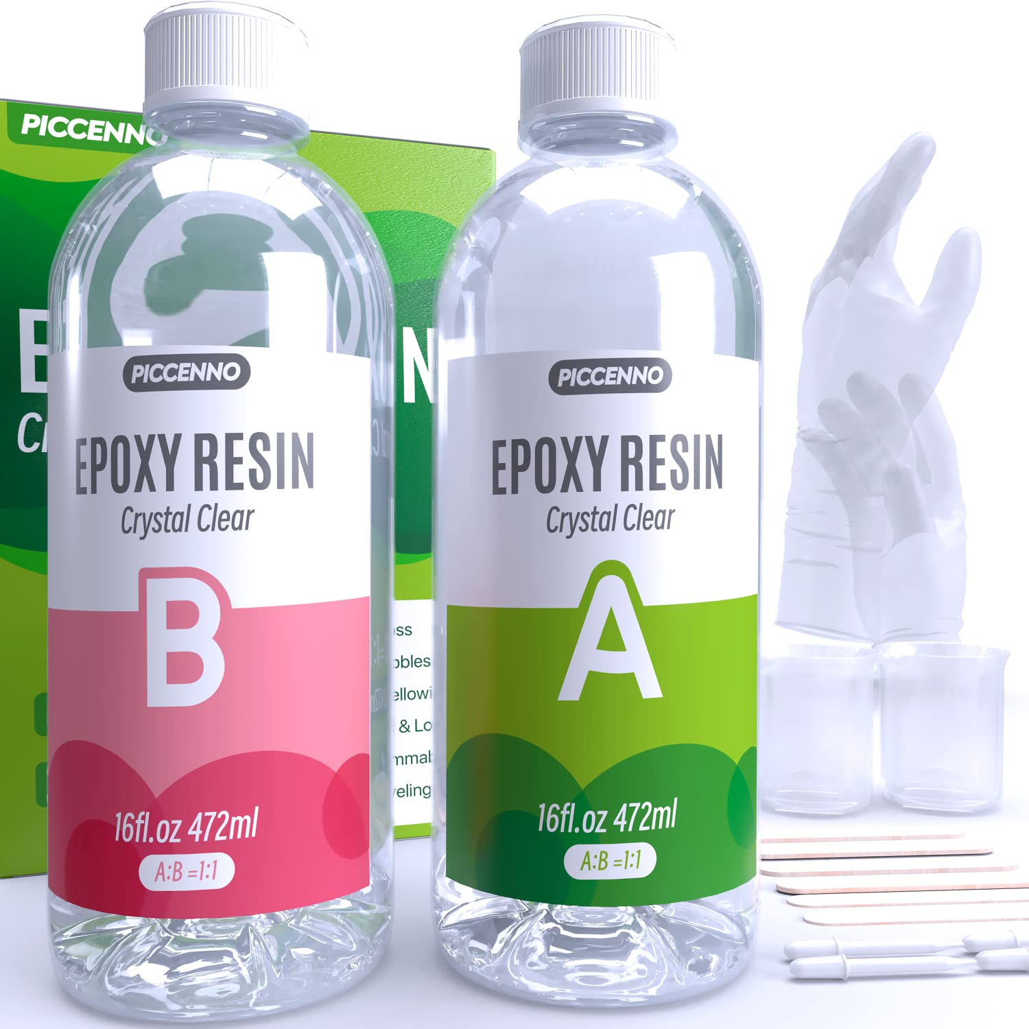 32OZ Epoxy Resin Kit, Crystal Clear Epoxy Resin Including 16OZ Resin and 16OZ Hardener, Bubbles Free Table Top Casting Resin for DIY Art, Jewelry, Crafts, Coating