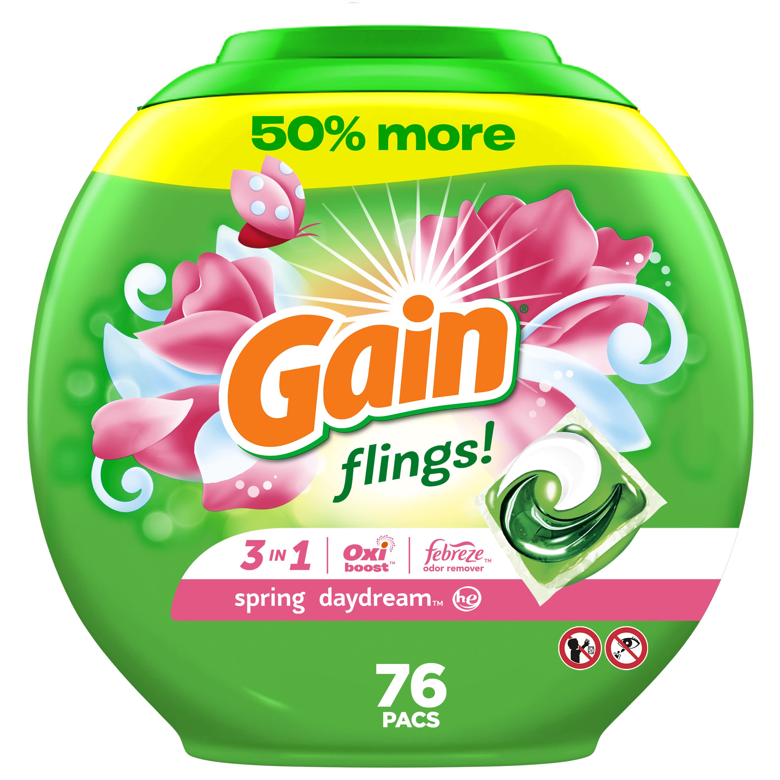 Gain flings Laundry Detergent Soap Pacs HE Compatible 76 Count Long Lasting Scent Spring Daydream Scent