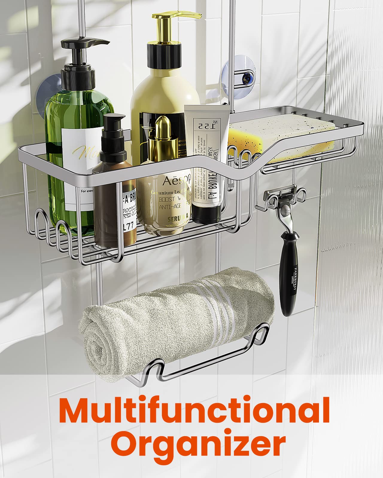 Amada Hanging Shower Caddy, Shower Caddy Over Shower Head, Rustproof Stainless Steel Shower Organizer with Soap Holder & Hooks, Shower Rack for Shampoo, Sponges, Towels, No Drilling Required, Silver