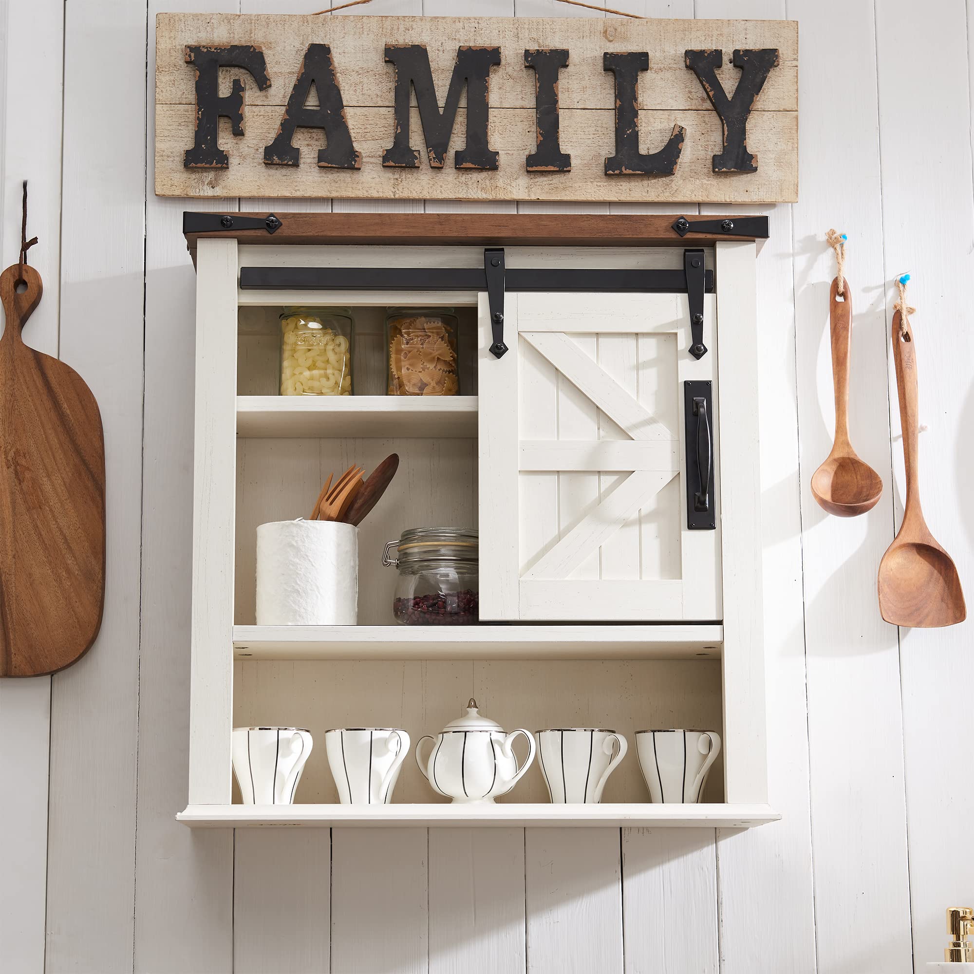OKD Bathroom Wall Cabinet, Farmhouse Medicine Cabinet with Sliding Barn Door & Adjustable Shelves, Storage Cabinet Wall Mounted for Bathroom, Kitchen, Rustic Oak with Antique White