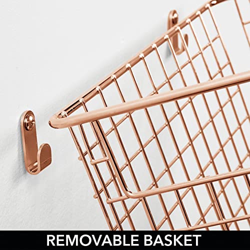 mDesign Wallmount Metal Storage Basket Tray with Handles - Decorative Organizer for Hanging in Entryway, Mudroom, Bedroom, Bathroom, Laundry Room - Small - Hooks Included - 2 Pack - Rose Gold