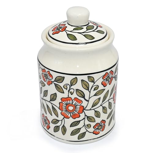 Amoorcart Ceramic Jars and Containers with Lid for Kitchen - Hand painted - Pack of 1-17cm height - (NON AIRTIGHT) - Red Green Floral